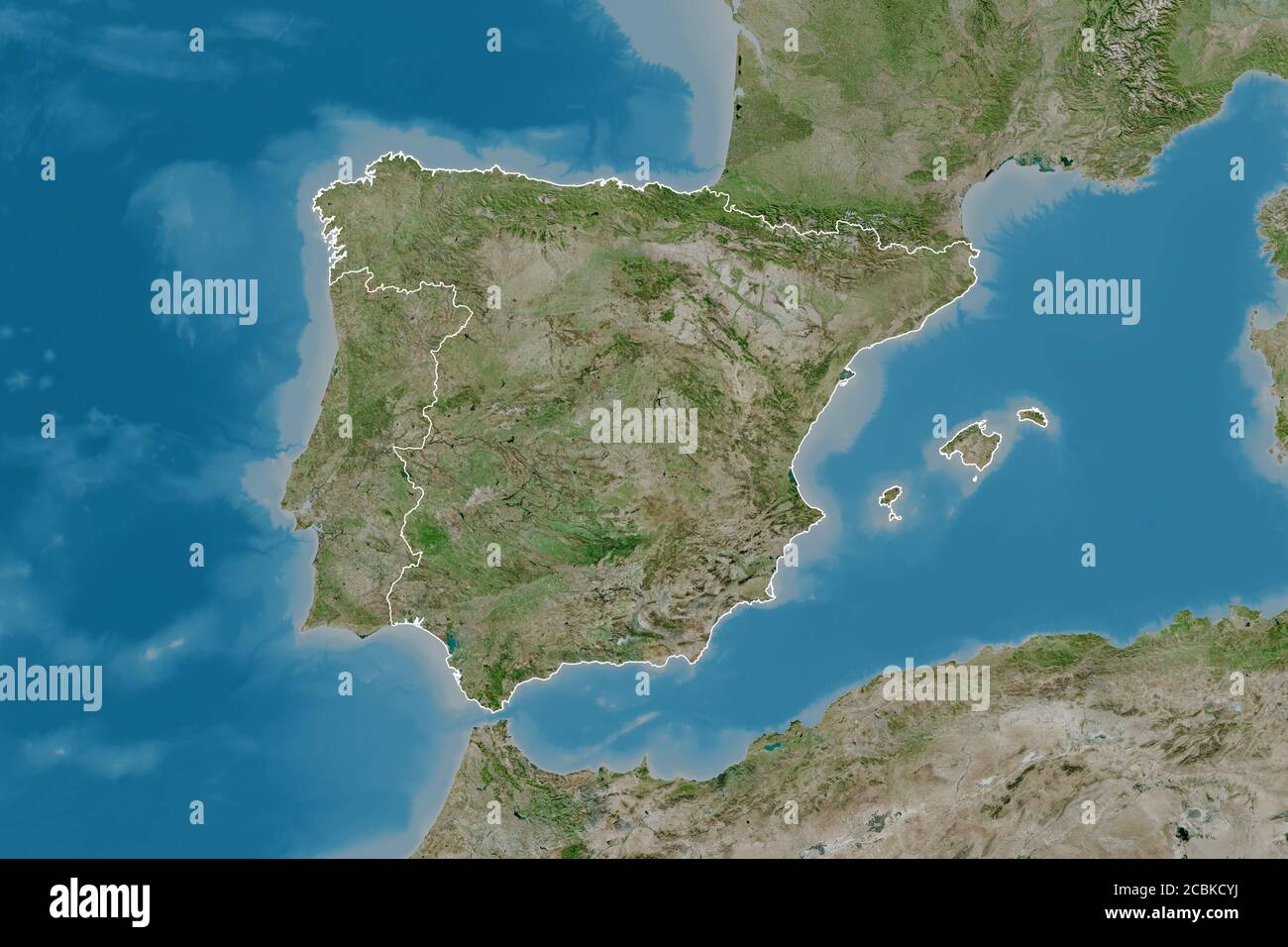 Extended area of outlined Spain. Satellite imagery. 3D rendering Stock ...
