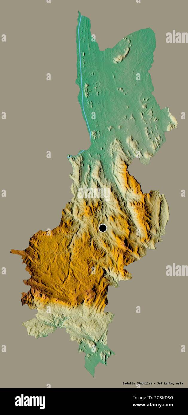 Shape of Badulla, district of Sri Lanka, with its capital isolated on a ...