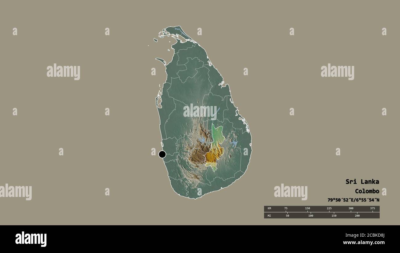 Desaturated shape of Sri Lanka with its capital, main regional division ...