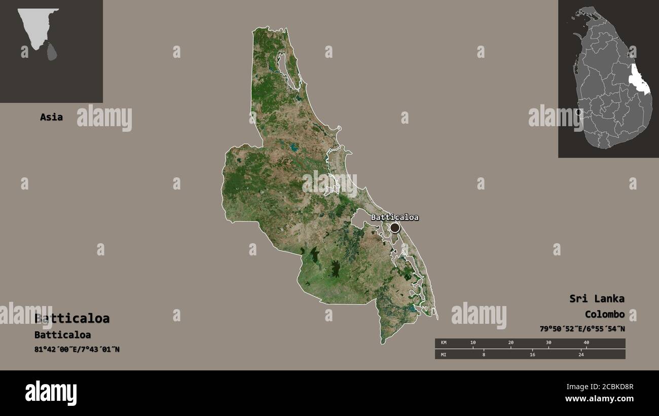 Shape of Batticaloa, district of Sri Lanka, and its capital. Distance ...