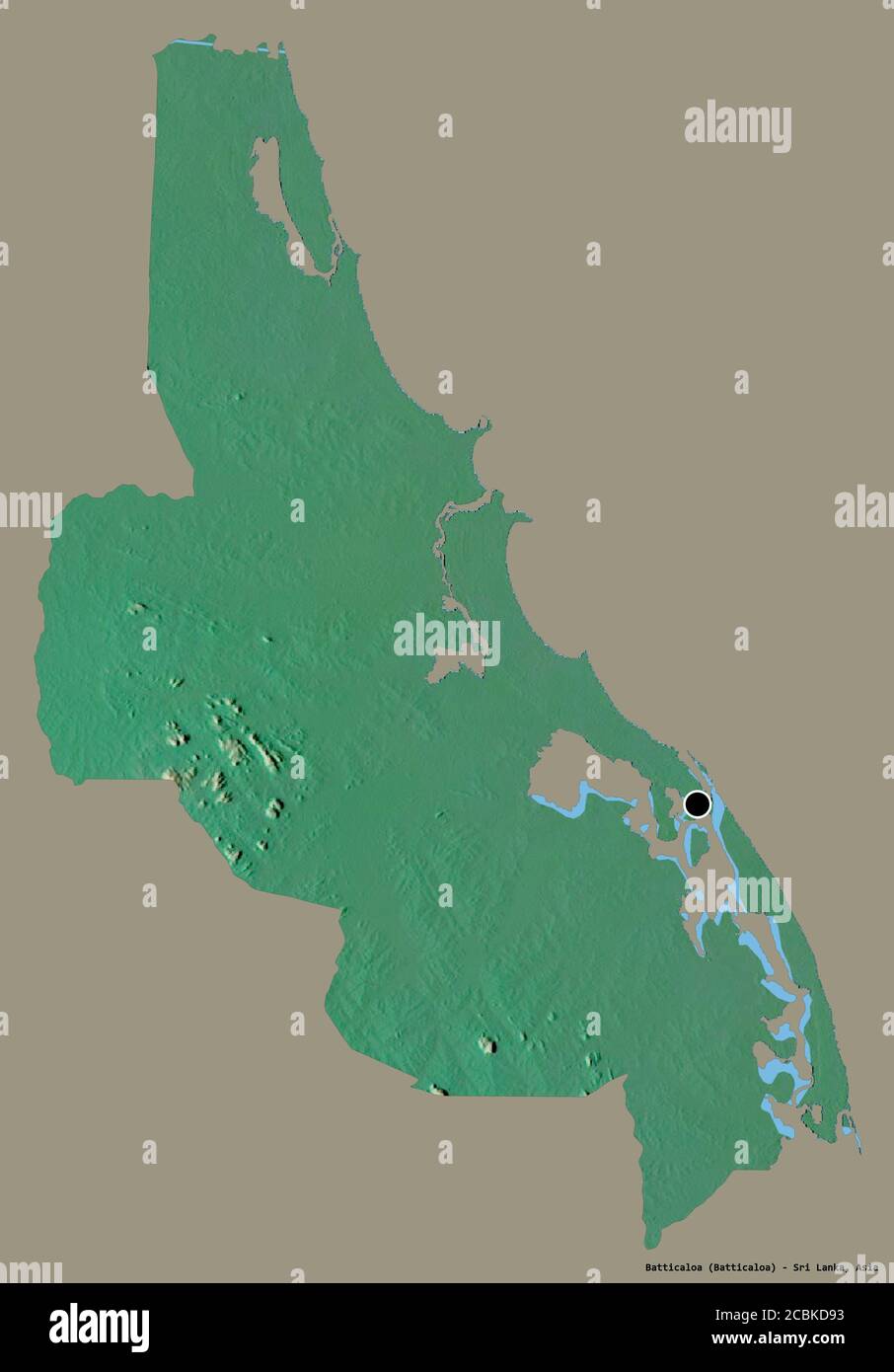 Shape of Batticaloa, district of Sri Lanka, with its capital isolated ...