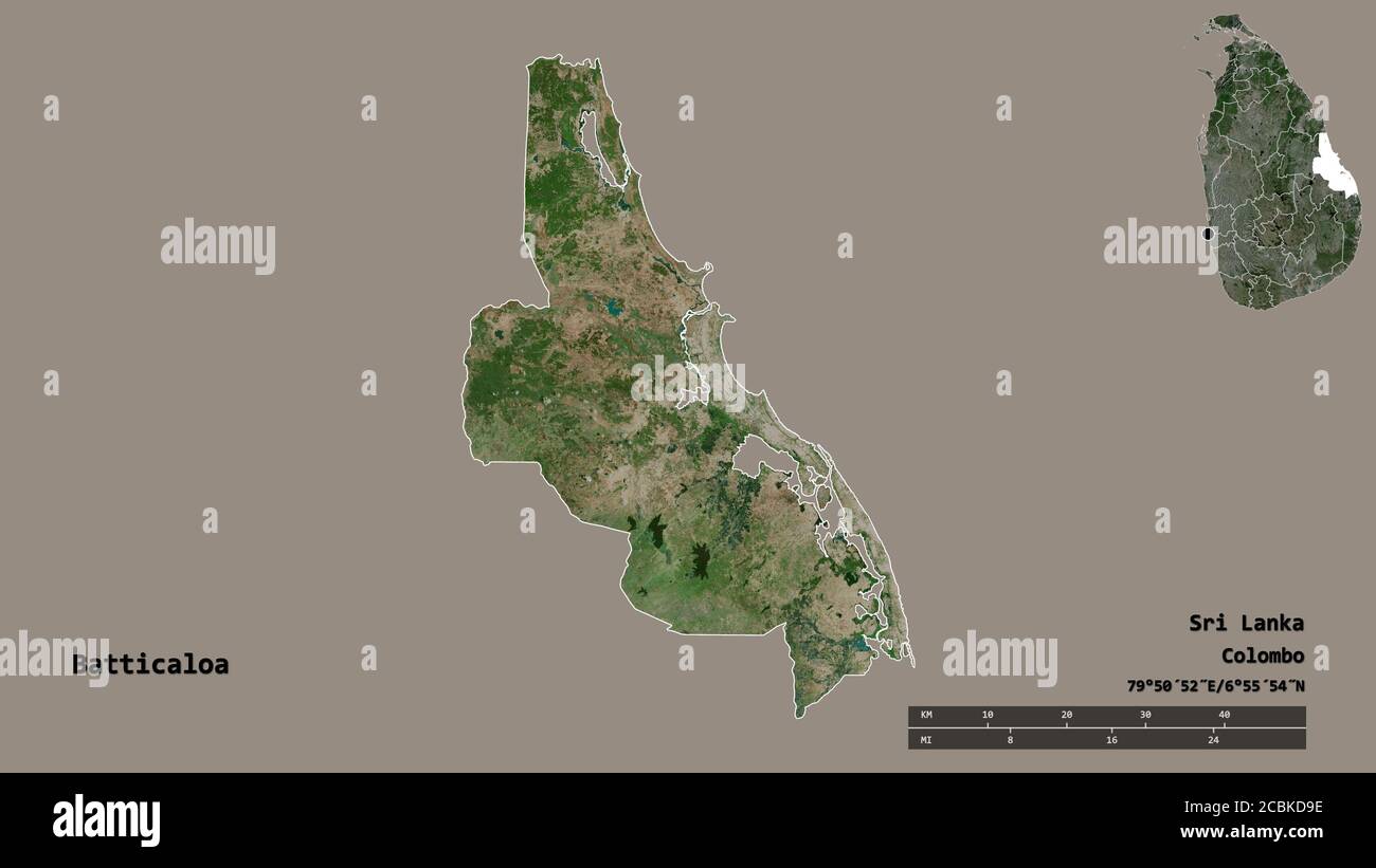 Shape of Batticaloa, district of Sri Lanka, with its capital isolated ...