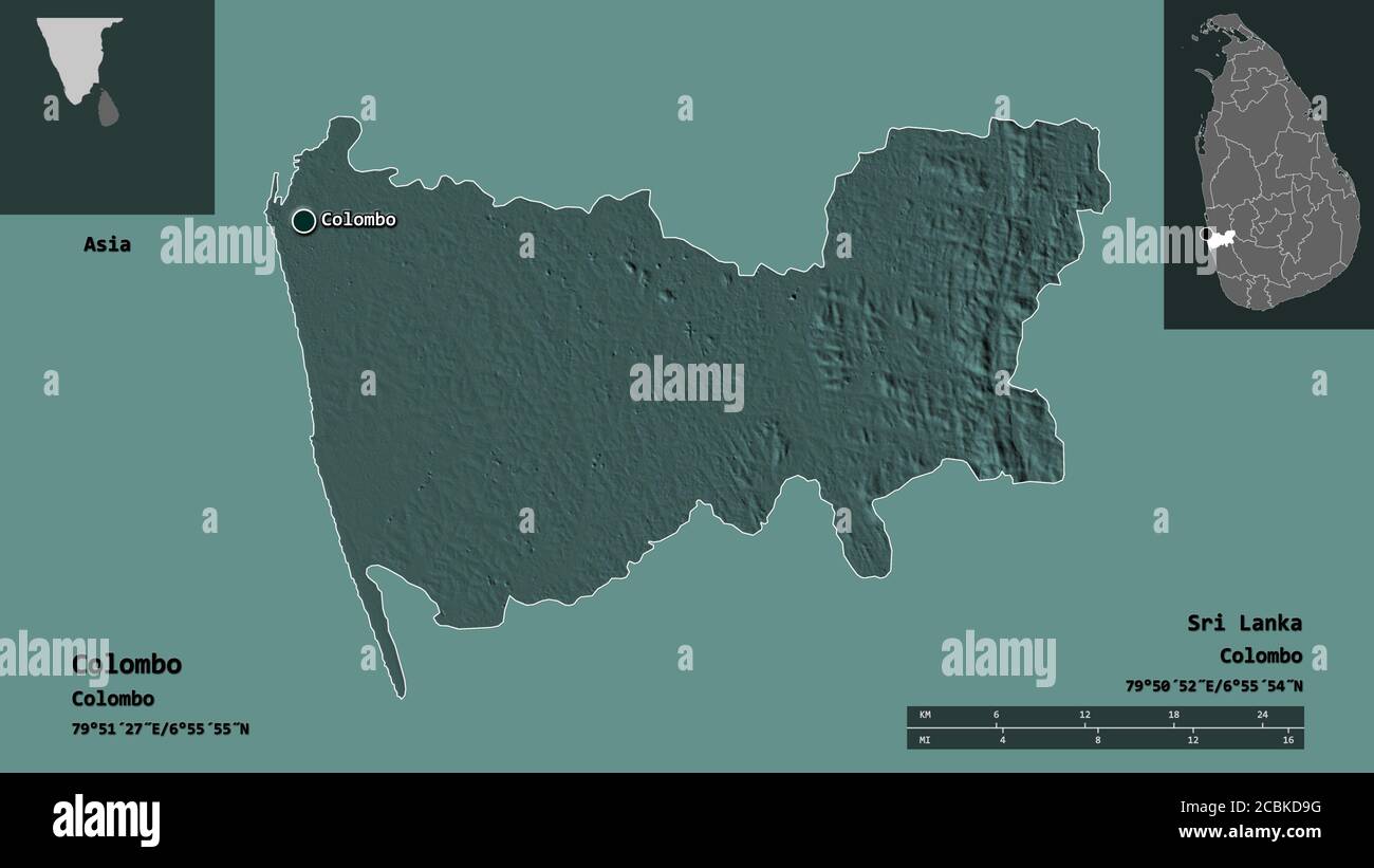 Shape of Colombo, district of Sri Lanka, and its capital. Distance ...