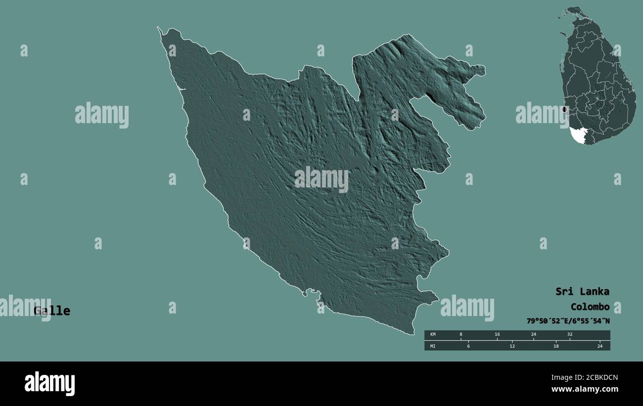 Shape of Galle, district of Sri Lanka, with its capital isolated on ...