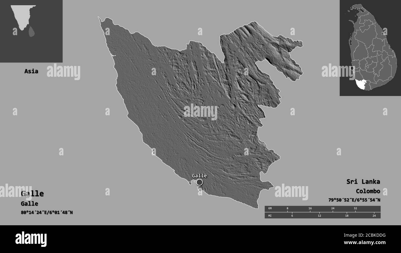 Shape of Galle, district of Sri Lanka, and its capital. Distance scale ...