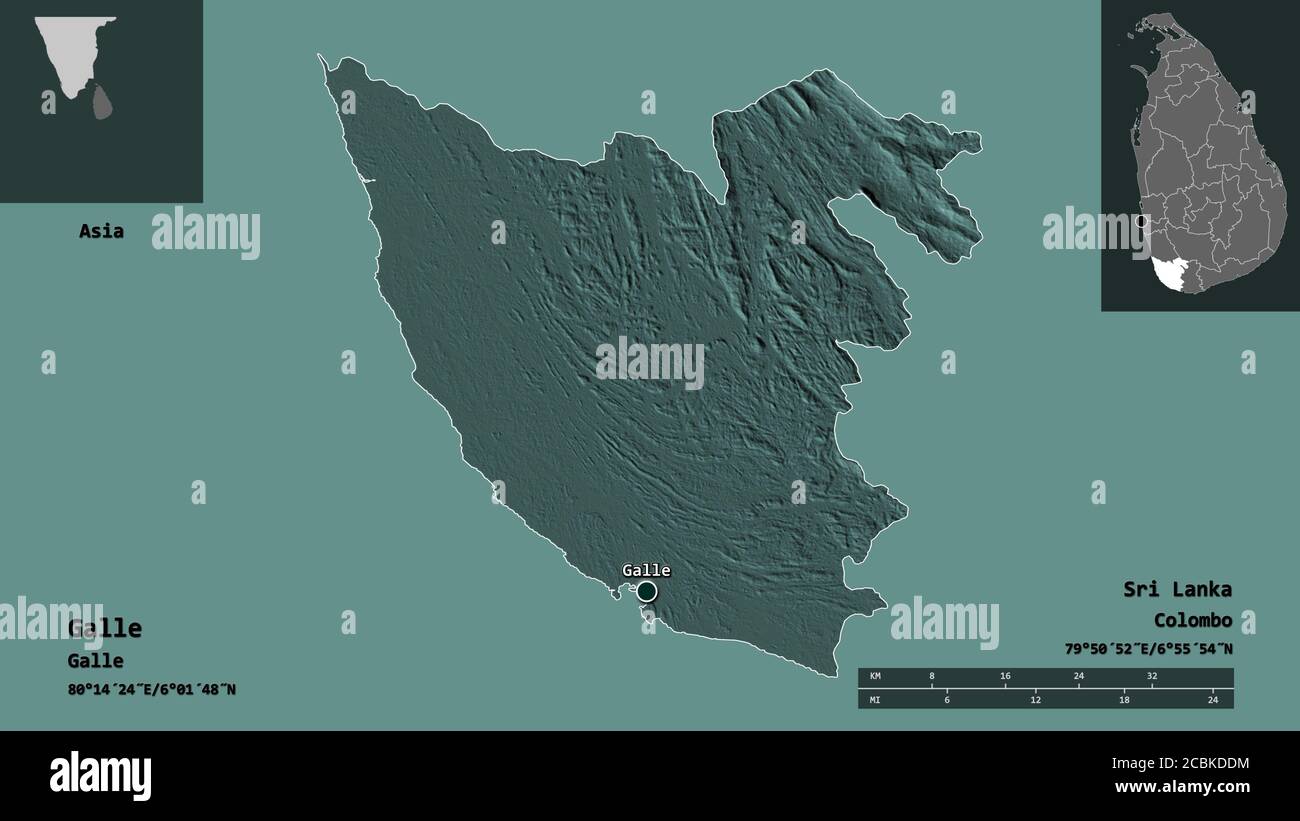 Shape of Galle, district of Sri Lanka, and its capital. Distance scale ...
