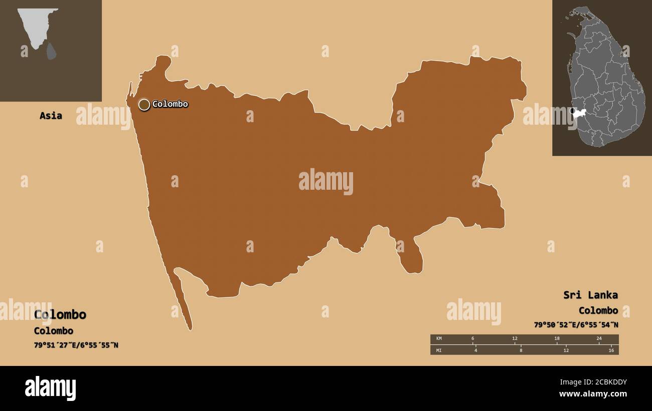 Shape of Colombo, district of Sri Lanka, and its capital. Distance ...