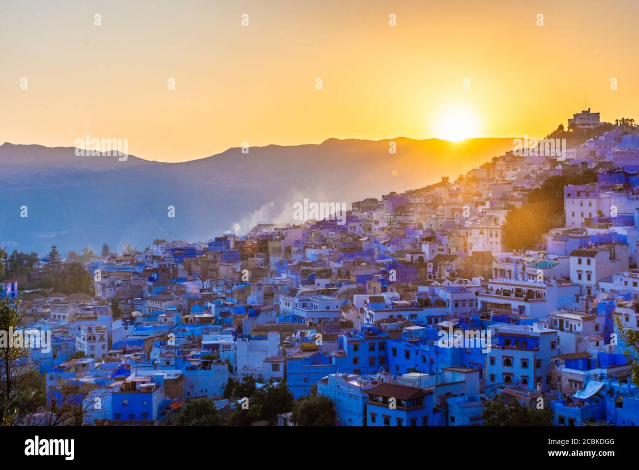 Beautiful sunset over the cityscape of Chefchaouen, the blue city of ...