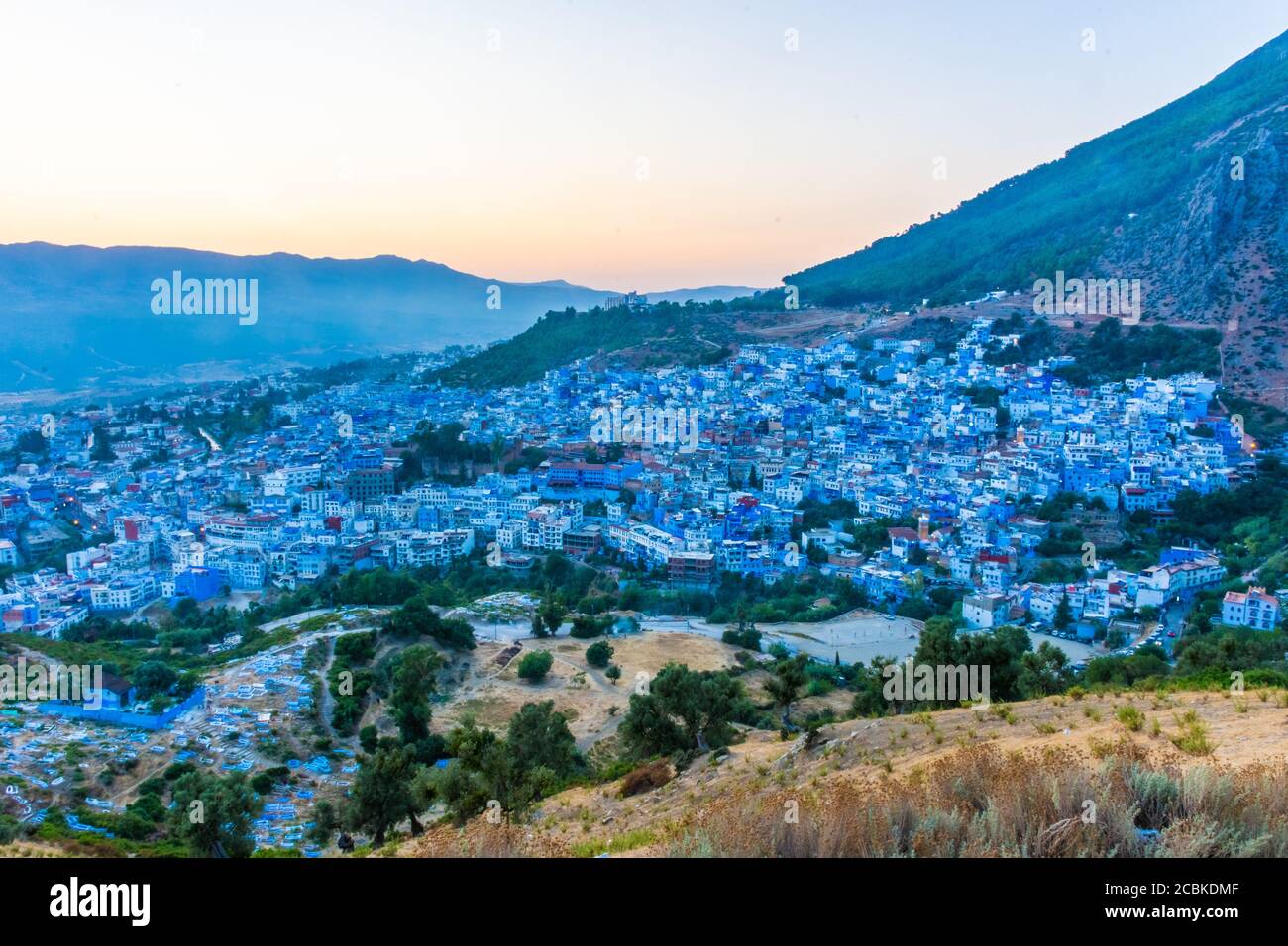 Beautiful sunset over the cityscape of Chefchaouen, the blue city of ...
