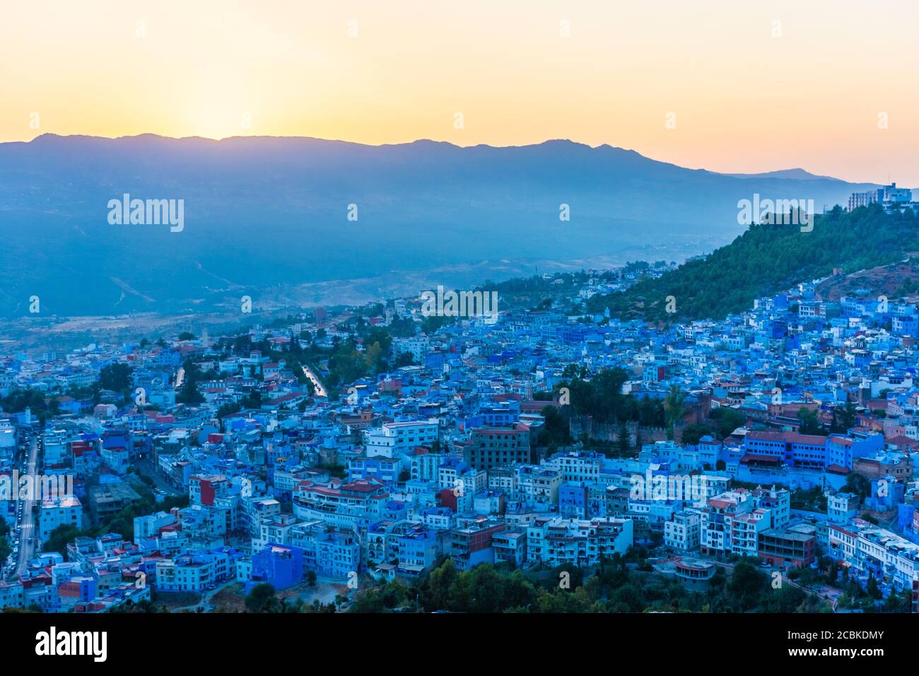 Beautiful sunset over the cityscape of Chefchaouen, the blue city of ...