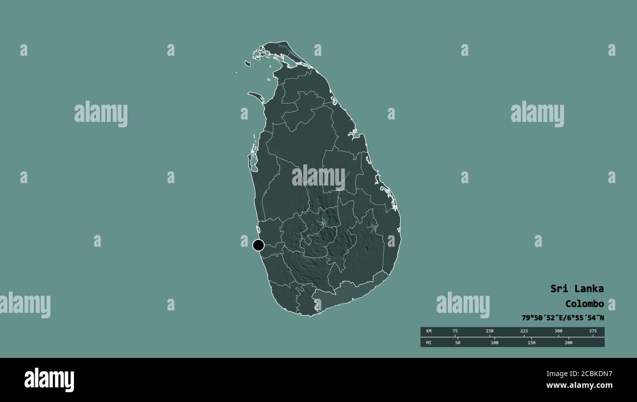 Desaturated shape of Sri Lanka with its capital, main regional division ...
