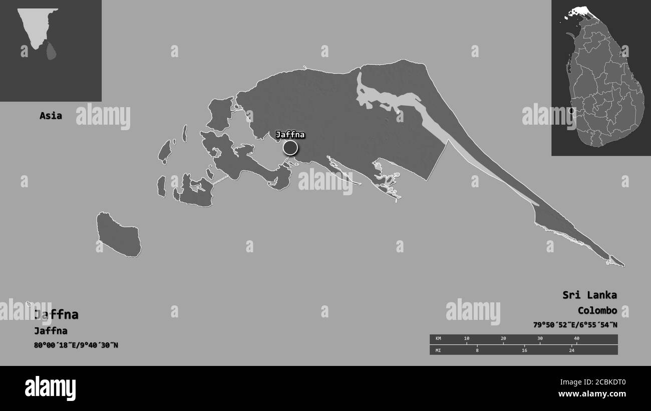 Shape of Jaffna, district of Sri Lanka, and its capital. Distance scale ...