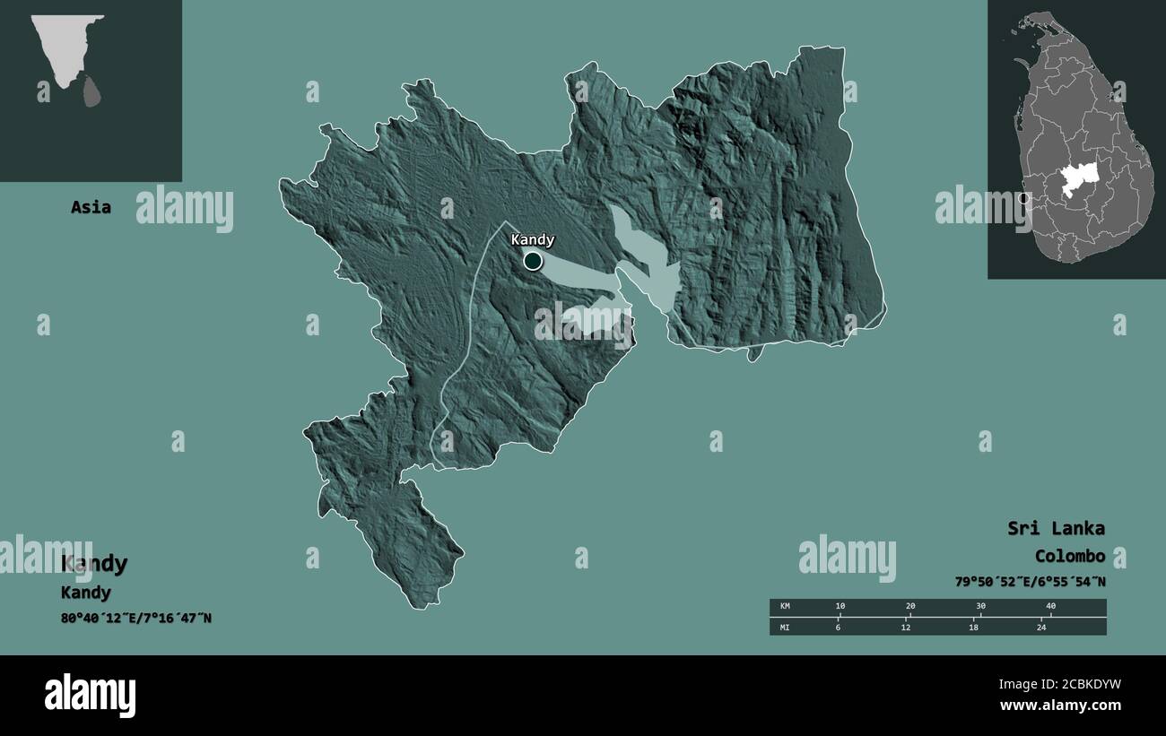 Shape of Kandy, district of Sri Lanka, and its capital. Distance scale ...