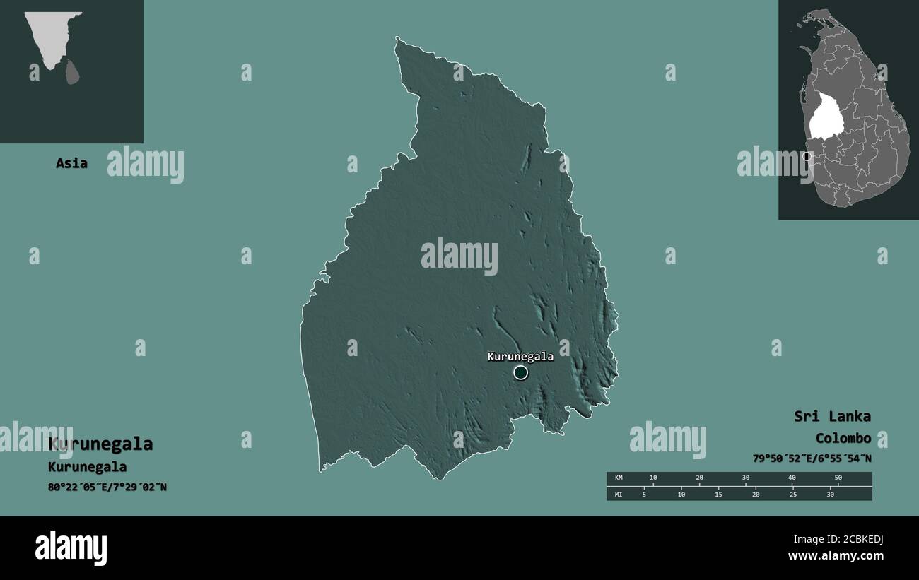 Shape of Kurunegala, district of Sri Lanka, and its capital. Distance ...