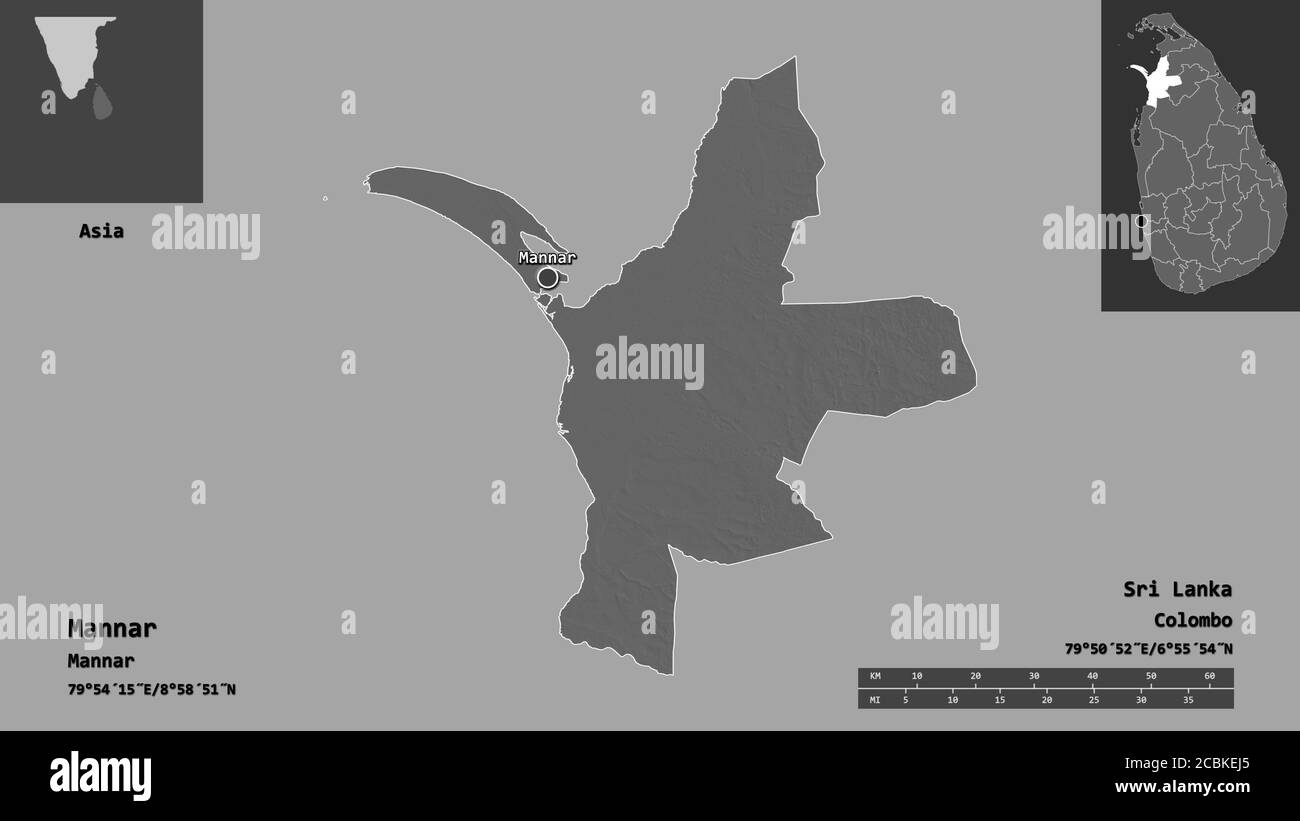 Shape of Mannar, district of Sri Lanka, and its capital. Distance scale ...