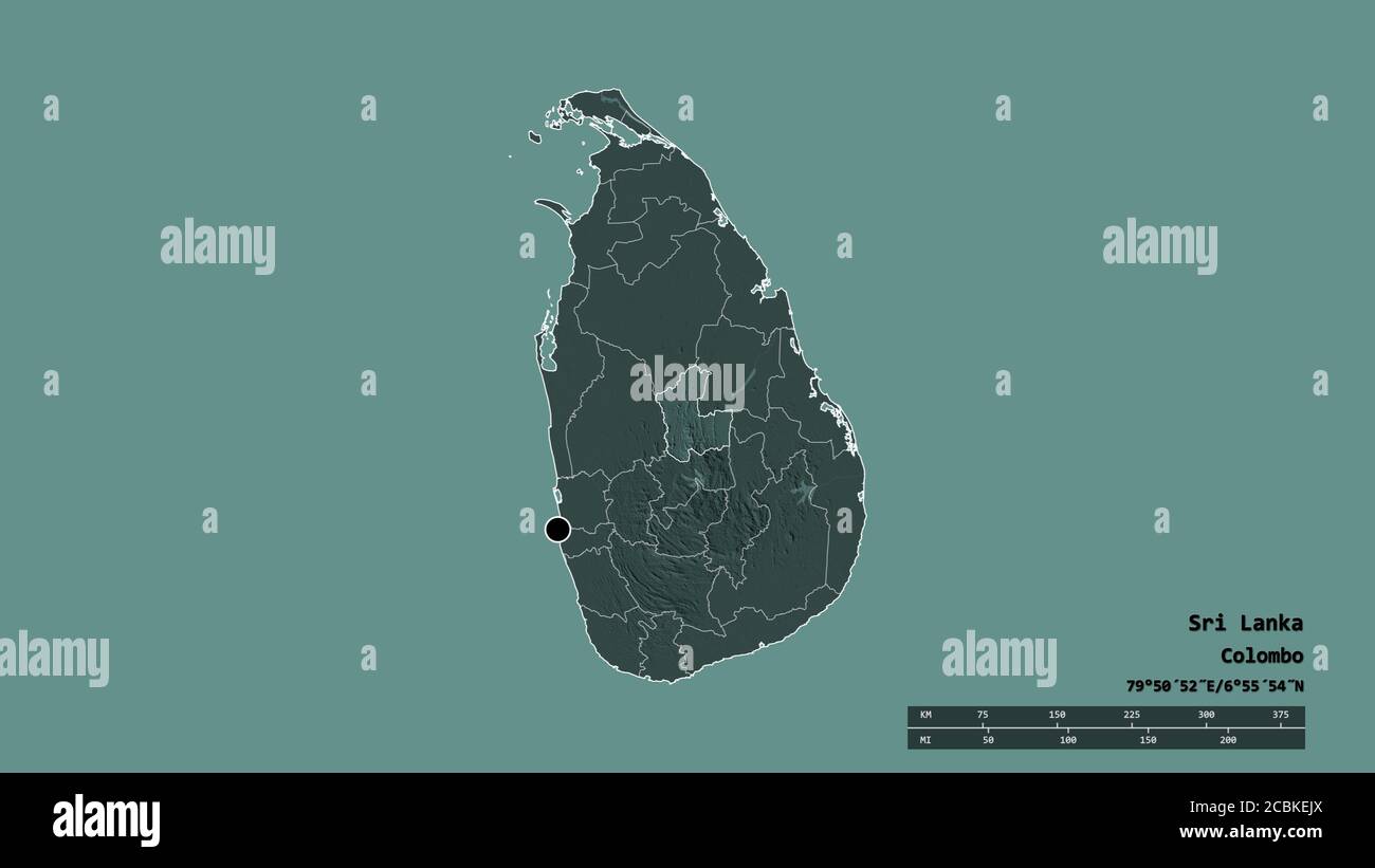 Desaturated shape of Sri Lanka with its capital, main regional division ...