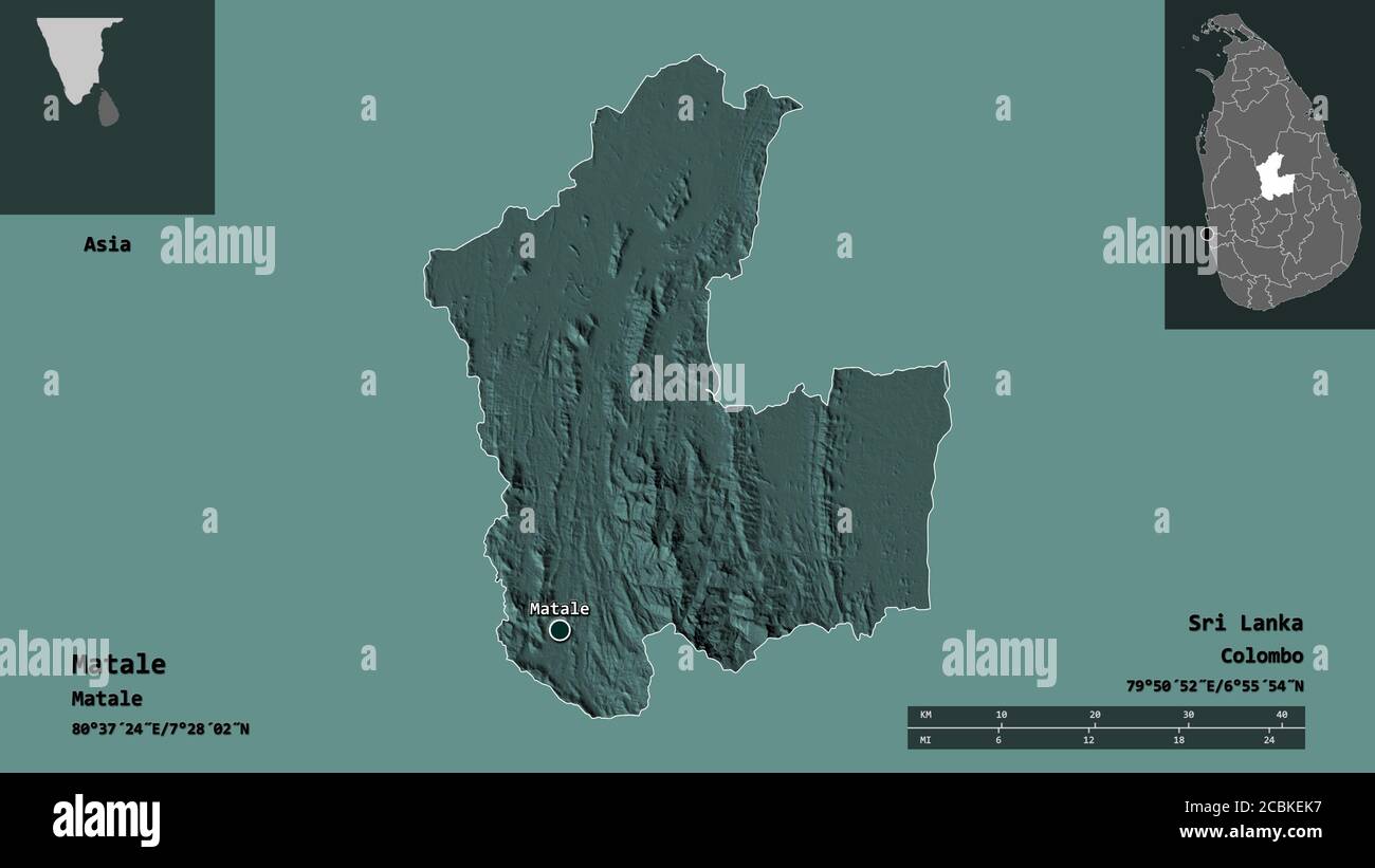 Shape of Matale, district of Sri Lanka, and its capital. Distance scale ...