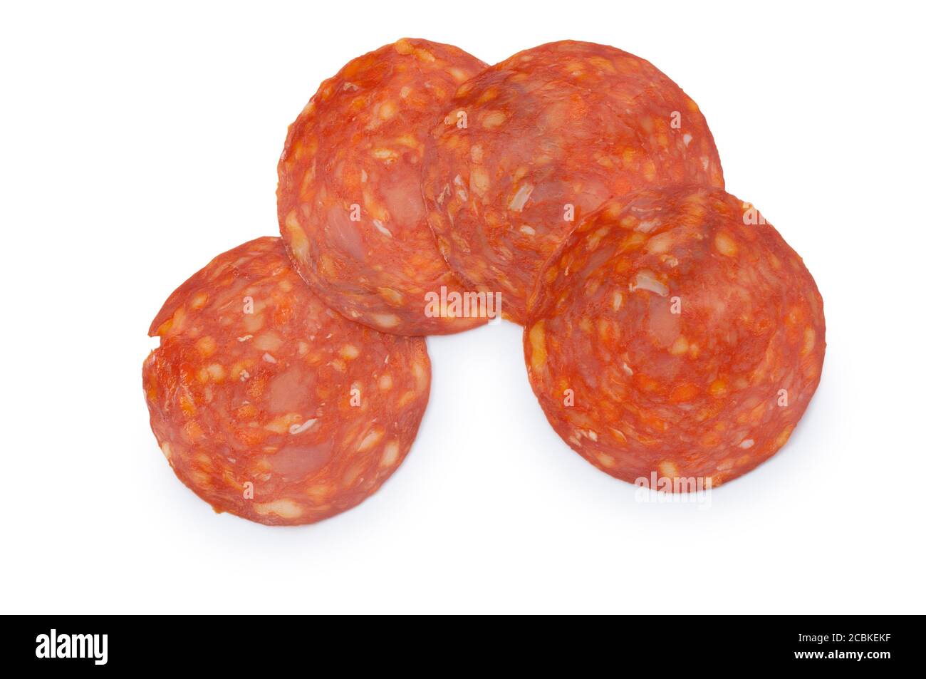 Studio shot of sliced chorizo cut out against a white background - John ...