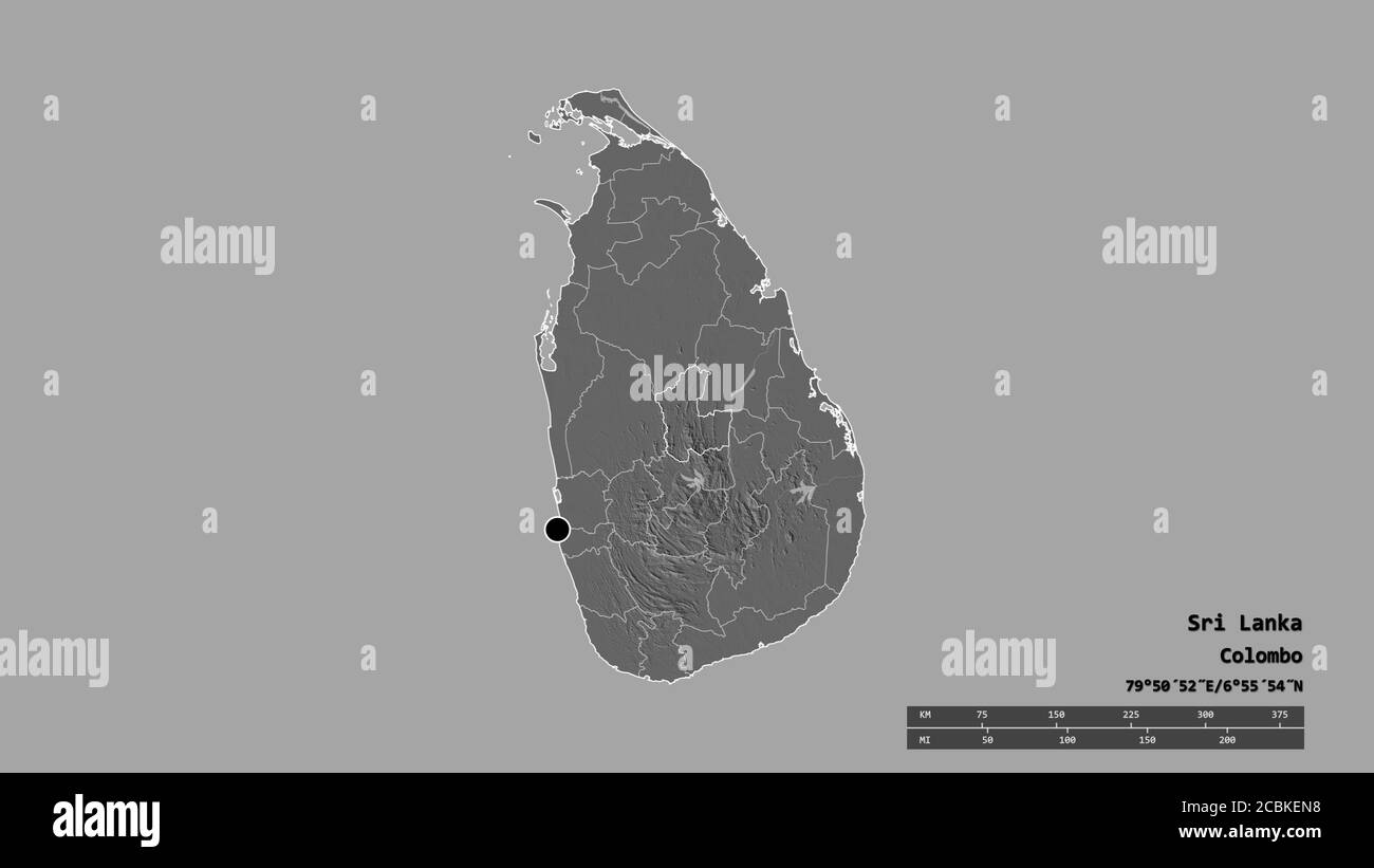 Desaturated shape of Sri Lanka with its capital, main regional division ...