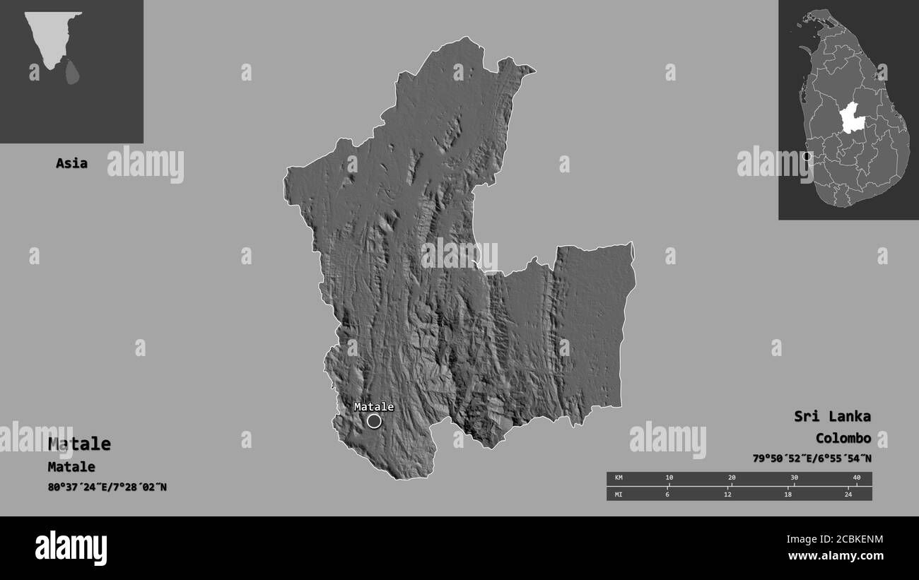 Shape of Matale, district of Sri Lanka, and its capital. Distance scale ...