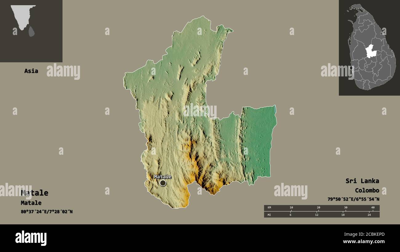 Shape of Matale, district of Sri Lanka, and its capital. Distance scale ...