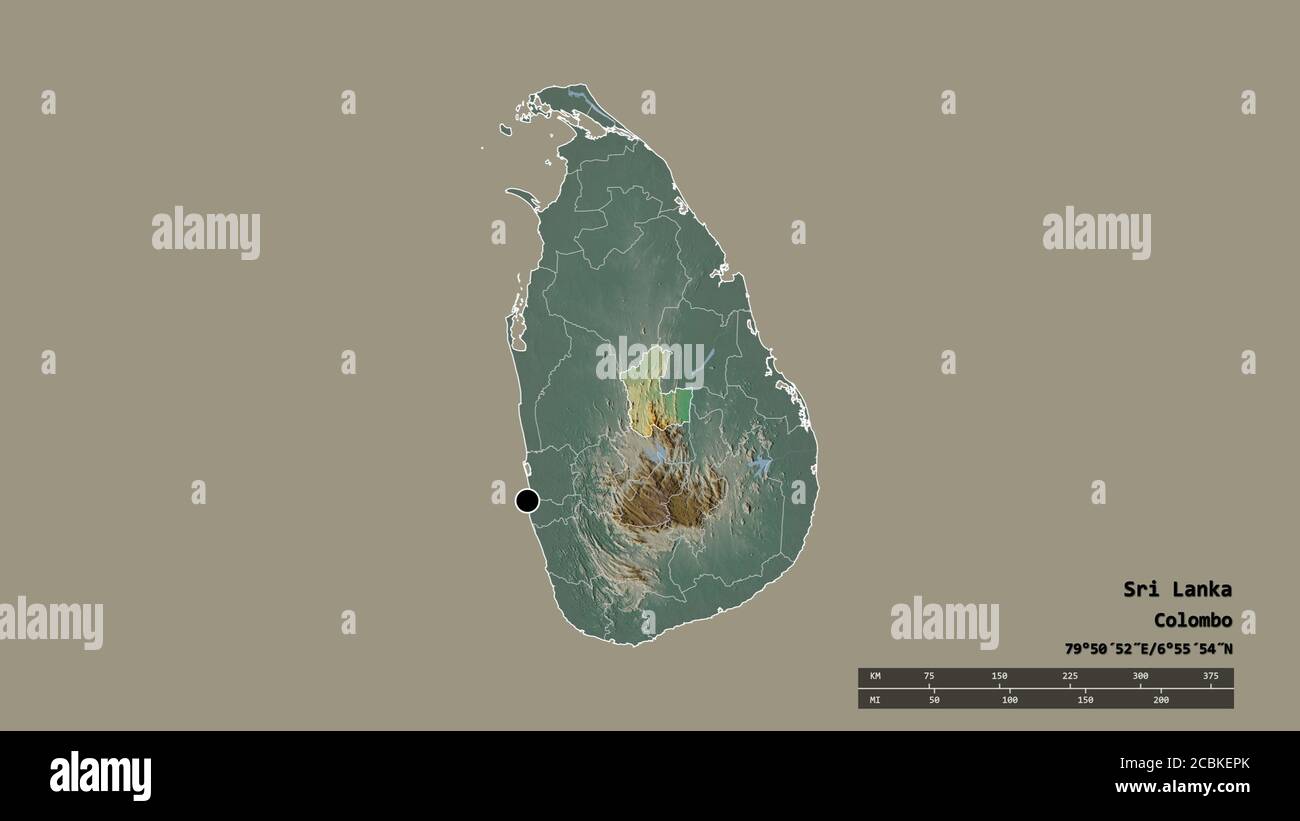 Desaturated shape of Sri Lanka with its capital, main regional division ...
