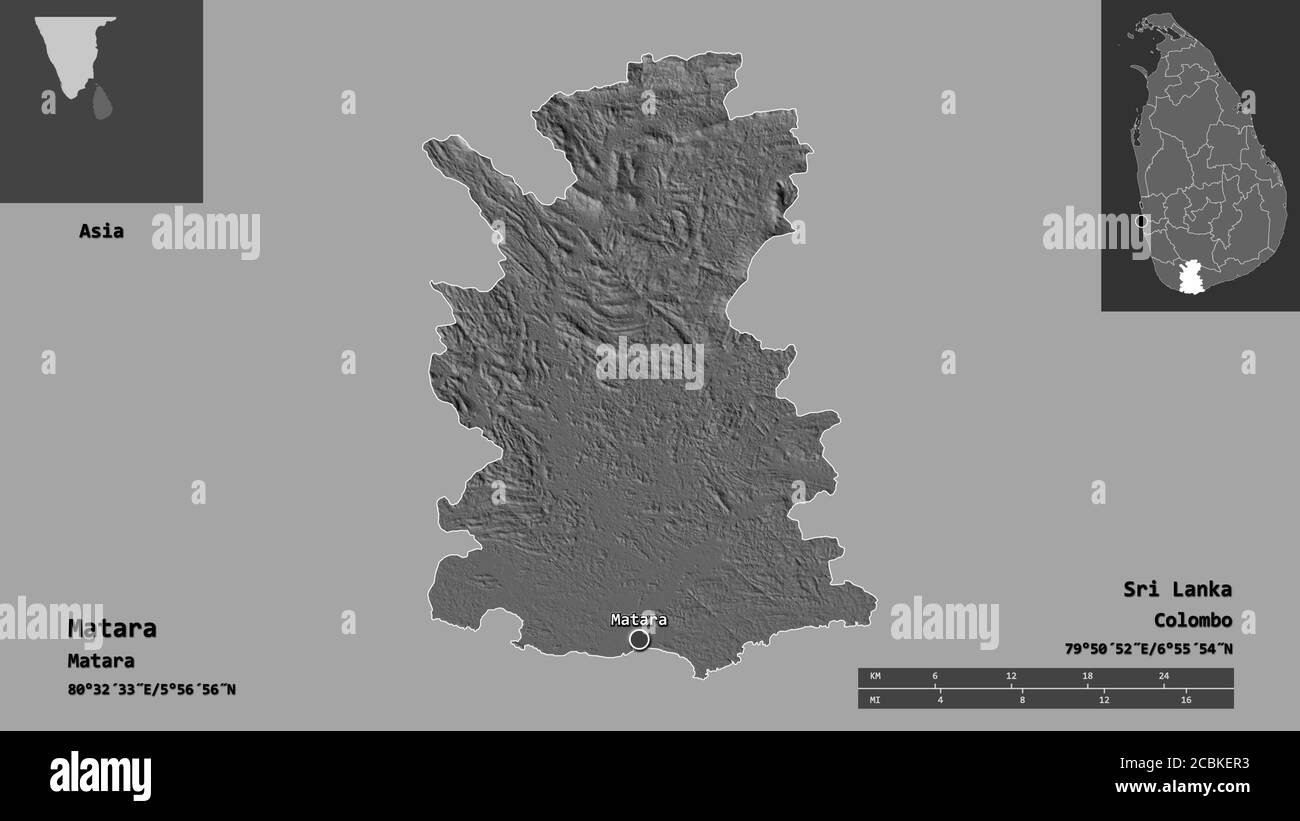 Shape of Matara, district of Sri Lanka, and its capital. Distance scale ...