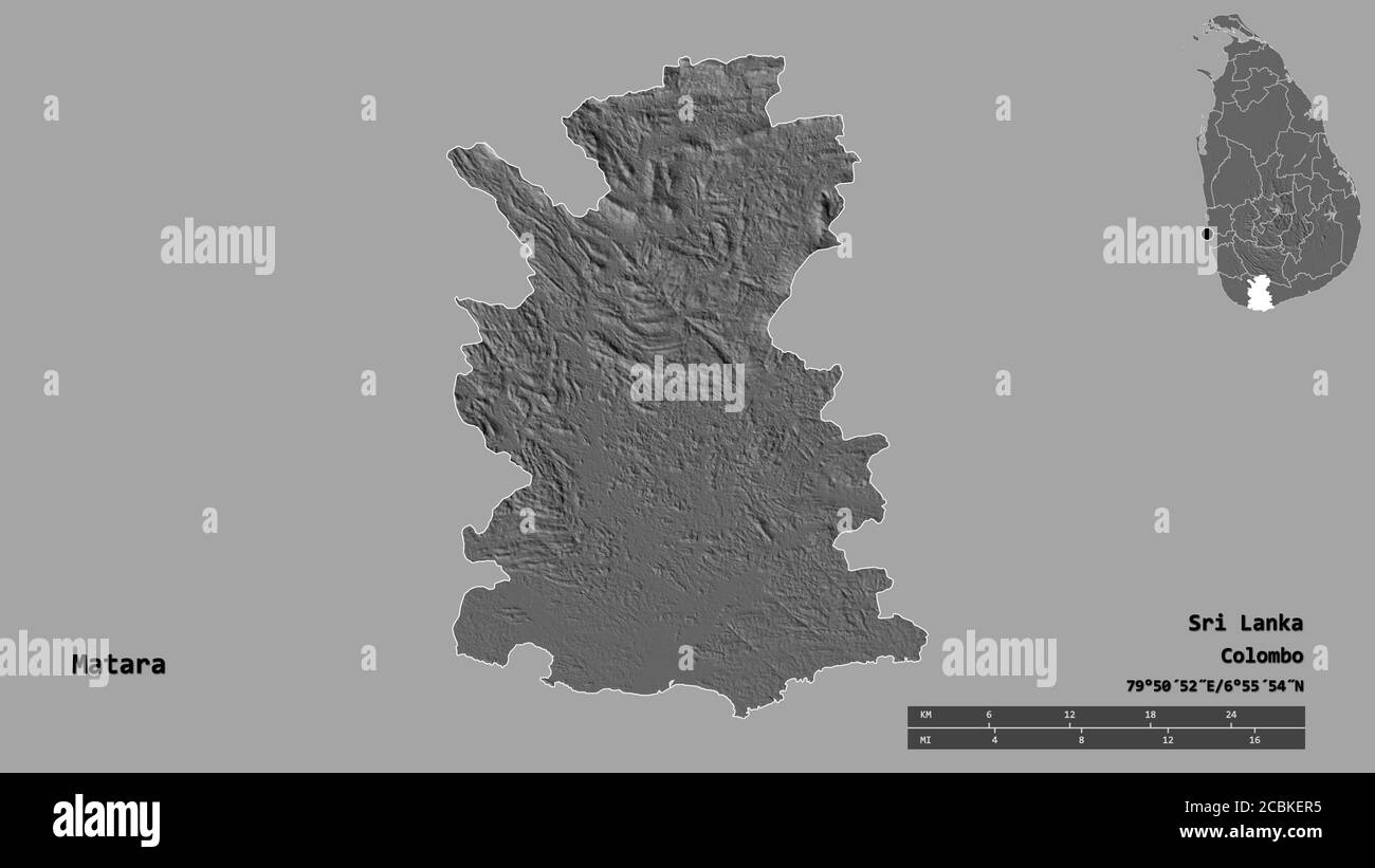 Shape of Matara, district of Sri Lanka, with its capital isolated on ...
