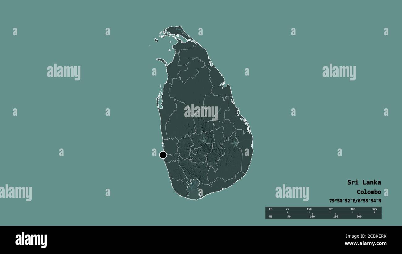 Desaturated shape of Sri Lanka with its capital, main regional division ...