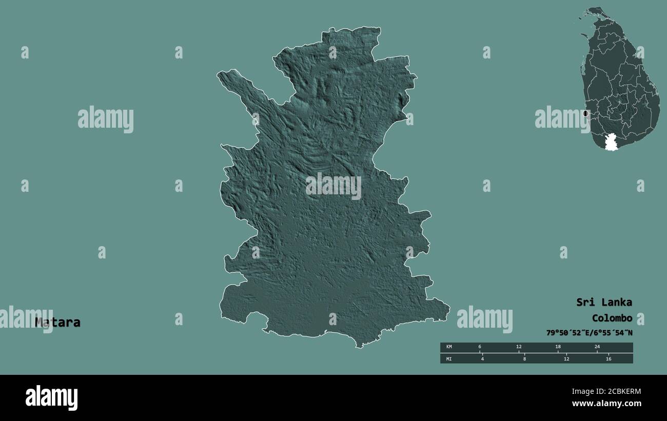 Shape of Matara, district of Sri Lanka, with its capital isolated on ...