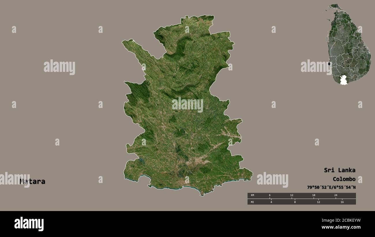 Shape of Matara, district of Sri Lanka, with its capital isolated on ...