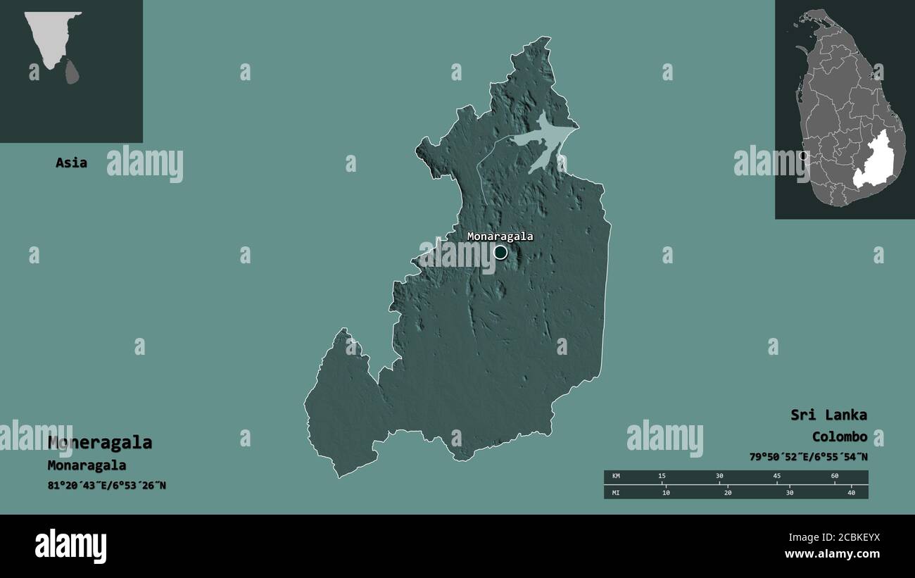 Shape of Moneragala, district of Sri Lanka, and its capital. Distance ...