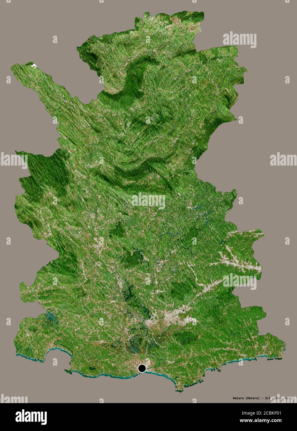 Shape of Matara, district of Sri Lanka, with its capital isolated on a ...