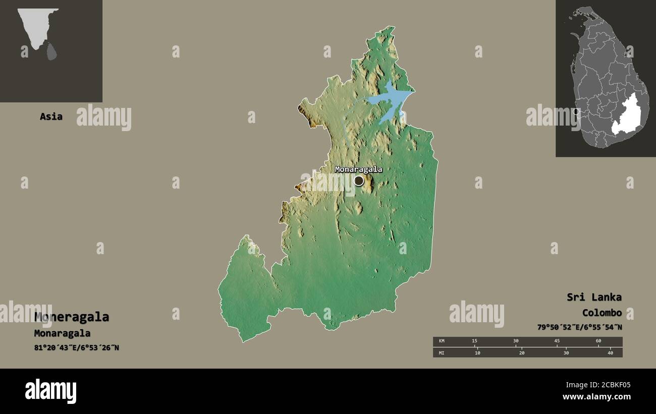 Shape of Moneragala, district of Sri Lanka, and its capital. Distance ...