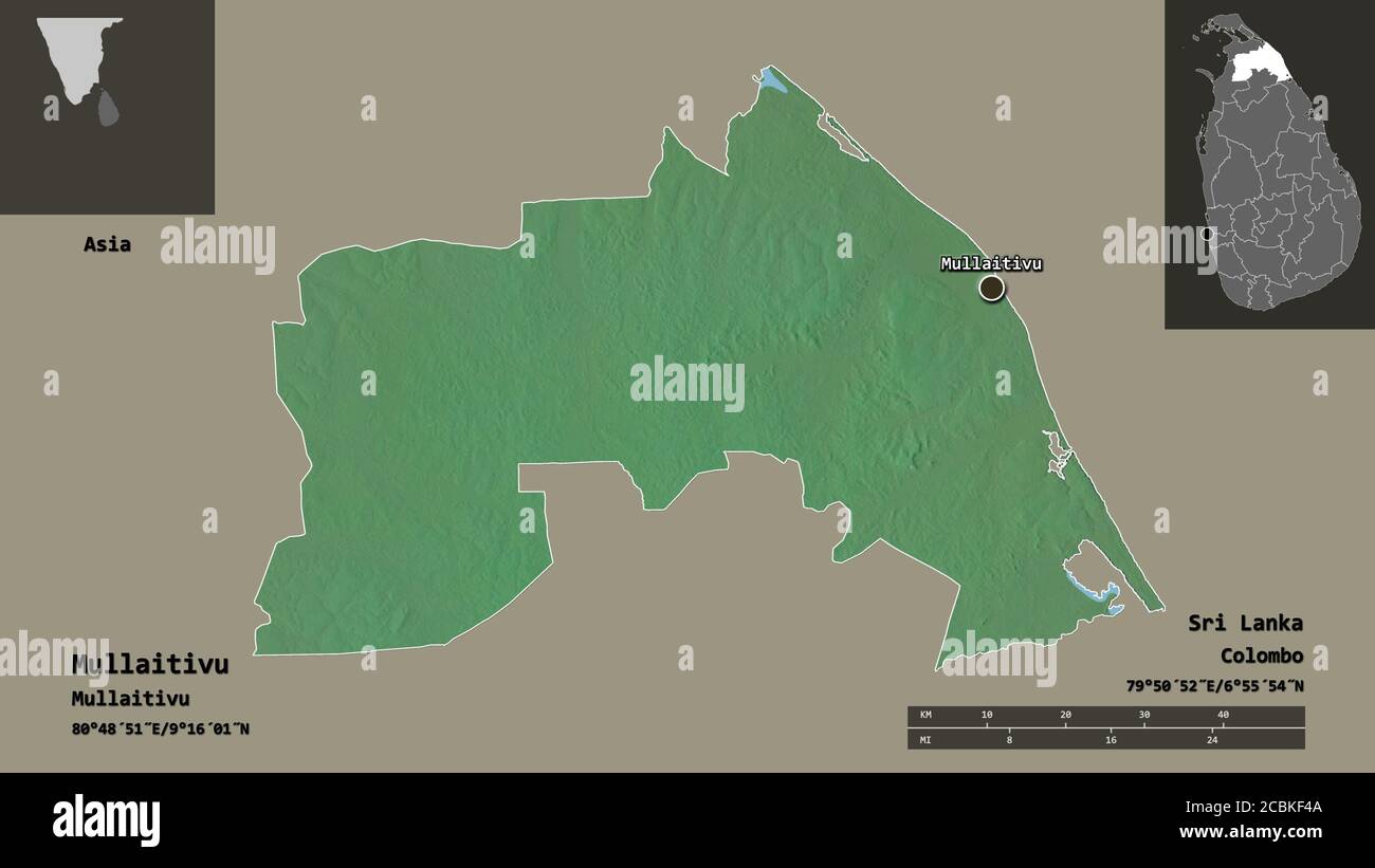 Shape of Mullaitivu, district of Sri Lanka, and its capital. Distance ...