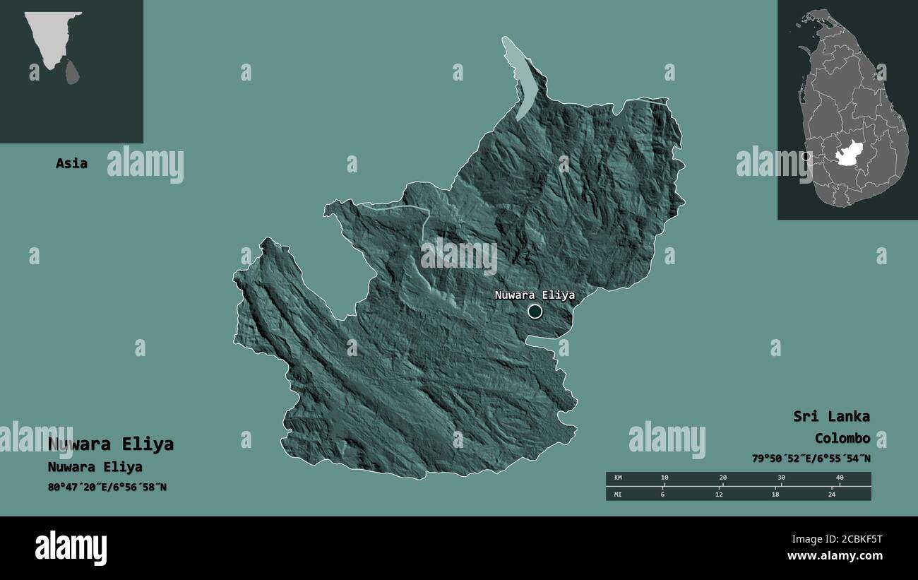 Shape of Nuwara Eliya, district of Sri Lanka, and its capital. Distance ...