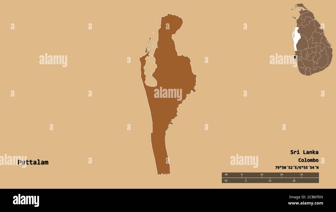 Shape of Puttalam, district of Sri Lanka, with its capital isolated on ...