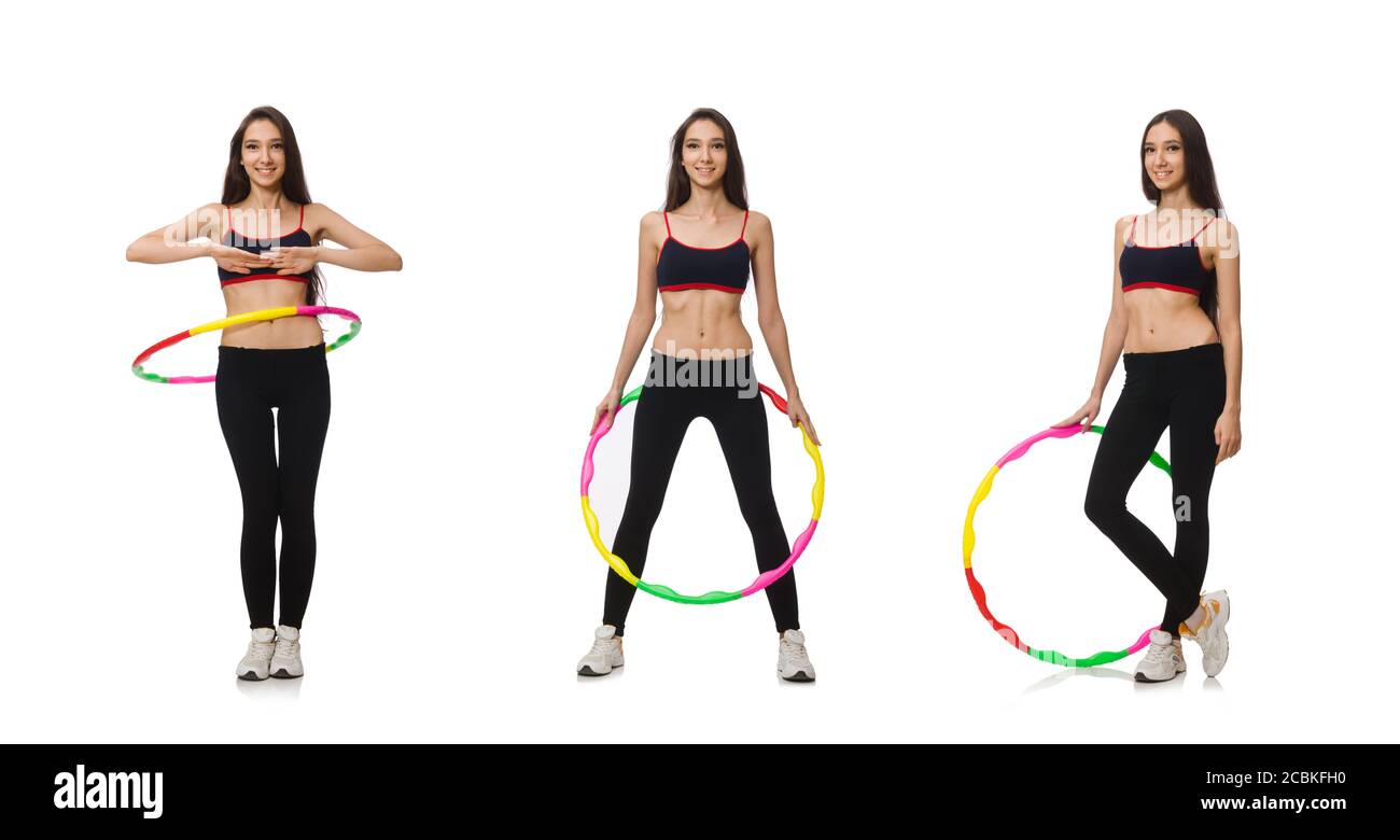The a girl in sport suit with hula hoop isolated on white Stock Photo ...