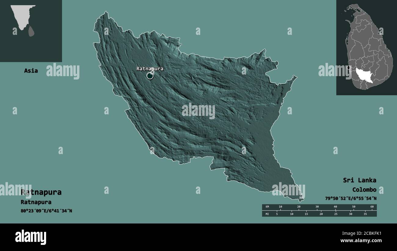 Shape of Ratnapura, district of Sri Lanka, and its capital. Distance ...