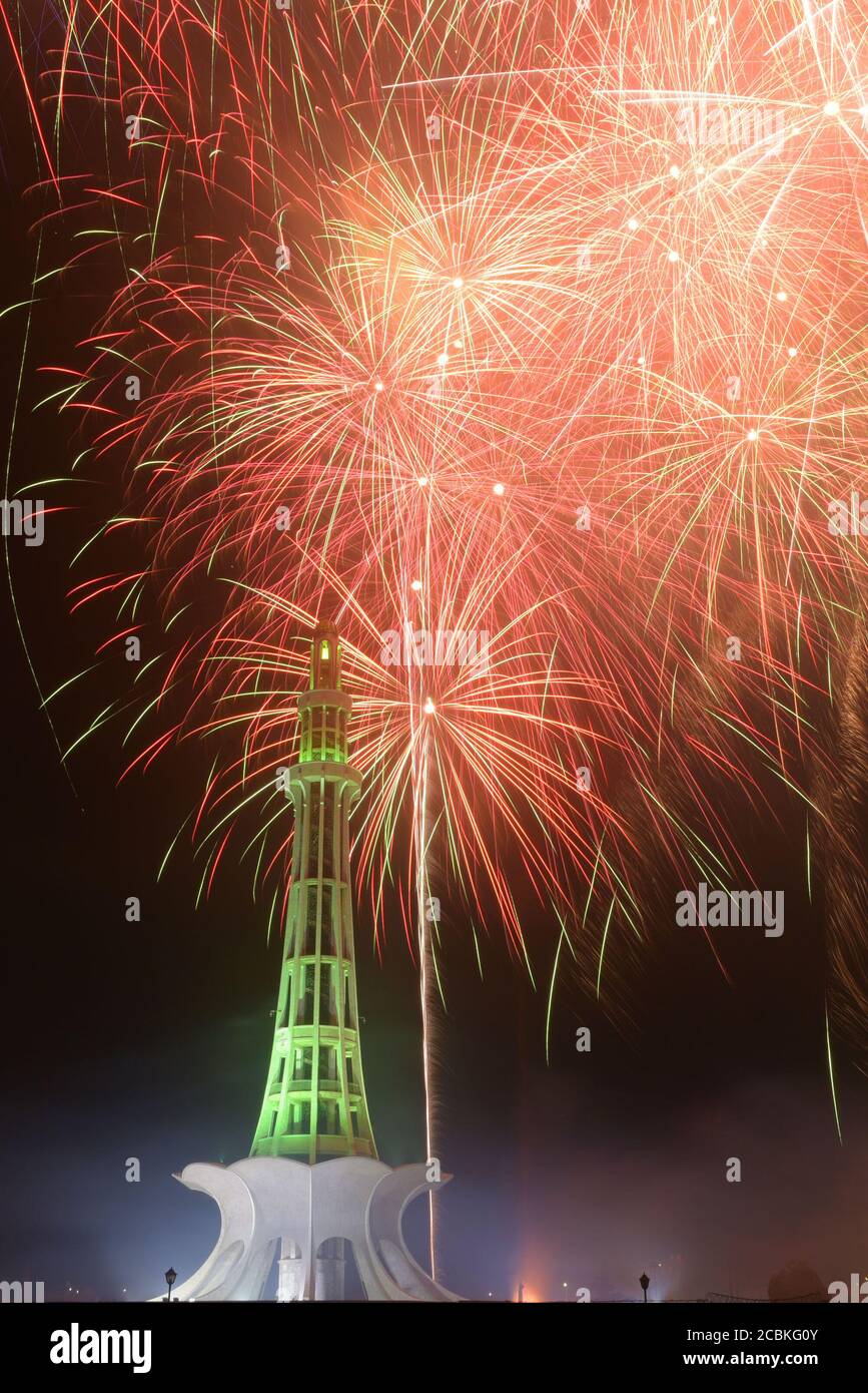 A wonderful stunning view of the fireworks on historical place Minar-e ...