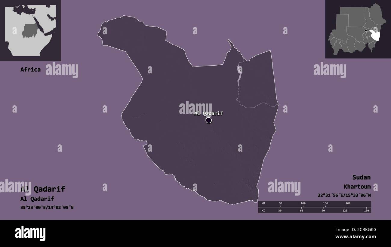Shape of Al Qadarif, state of Sudan, and its capital. Distance scale ...