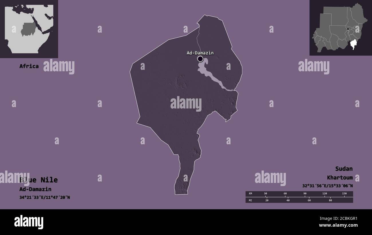 Shape of Blue Nile, state of Sudan, and its capital. Distance scale ...
