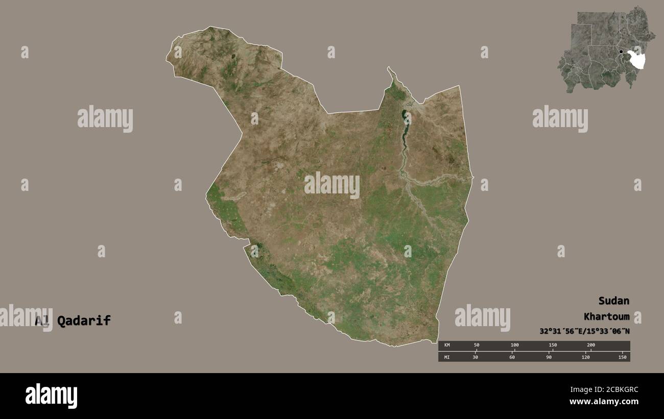 Shape of Al Qadarif, state of Sudan, with its capital isolated on solid ...