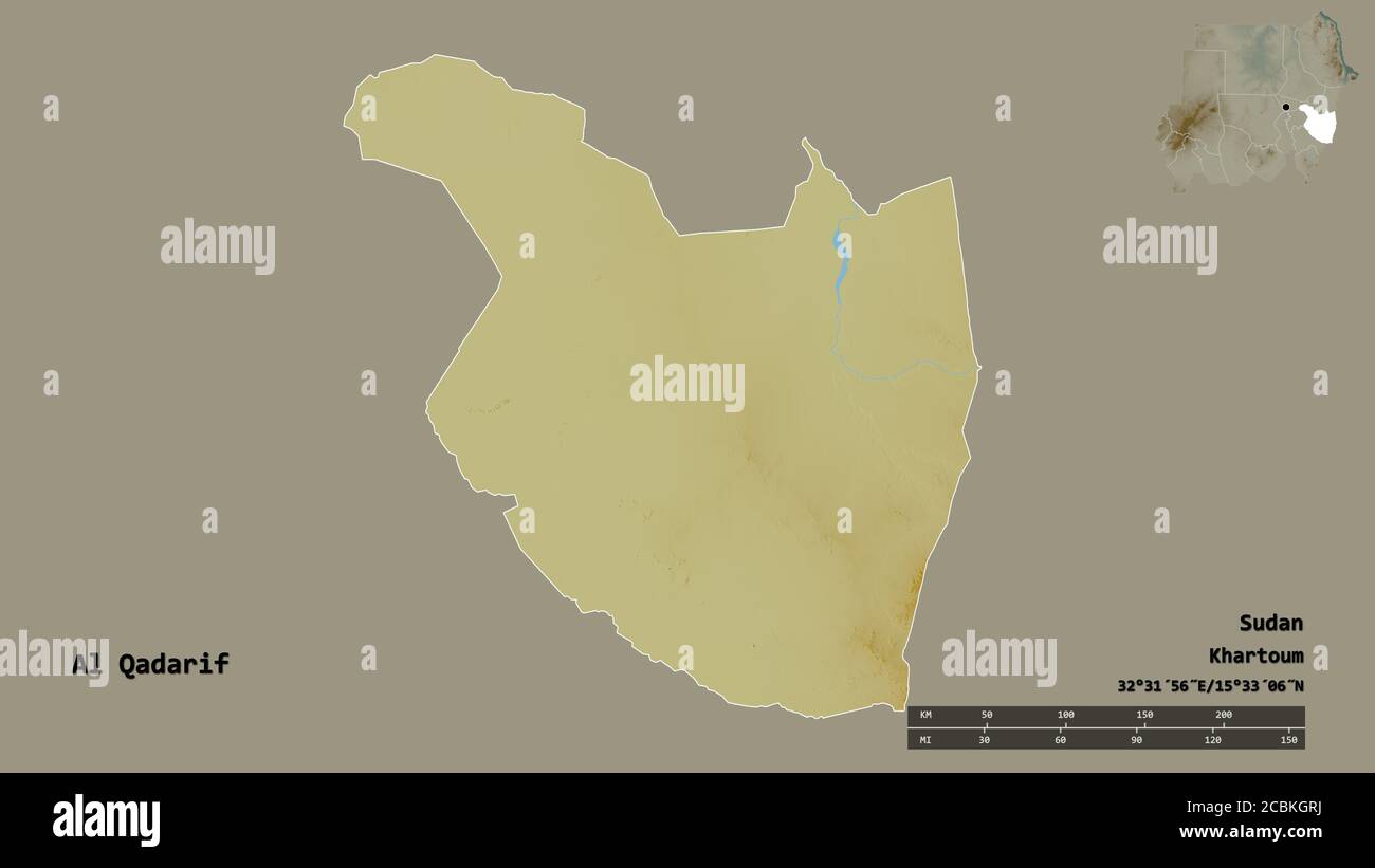 Shape of Al Qadarif, state of Sudan, with its capital isolated on solid ...