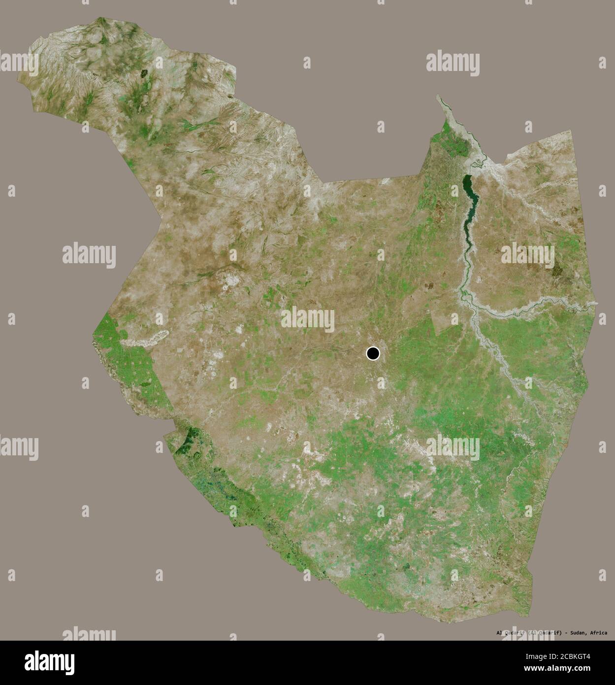 Shape of Al Qadarif, state of Sudan, with its capital isolated on a ...