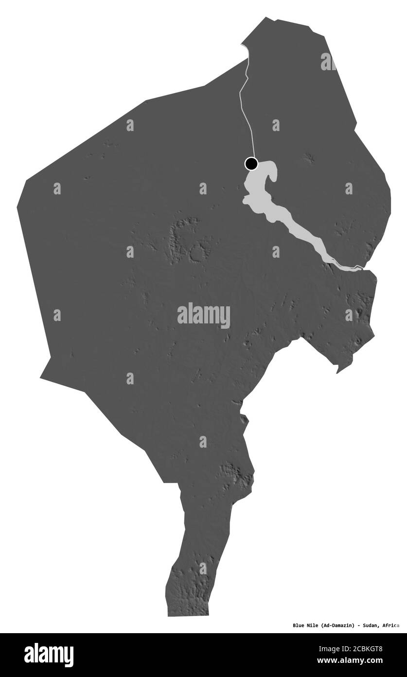Shape of Blue Nile, state of Sudan, with its capital isolated on white ...