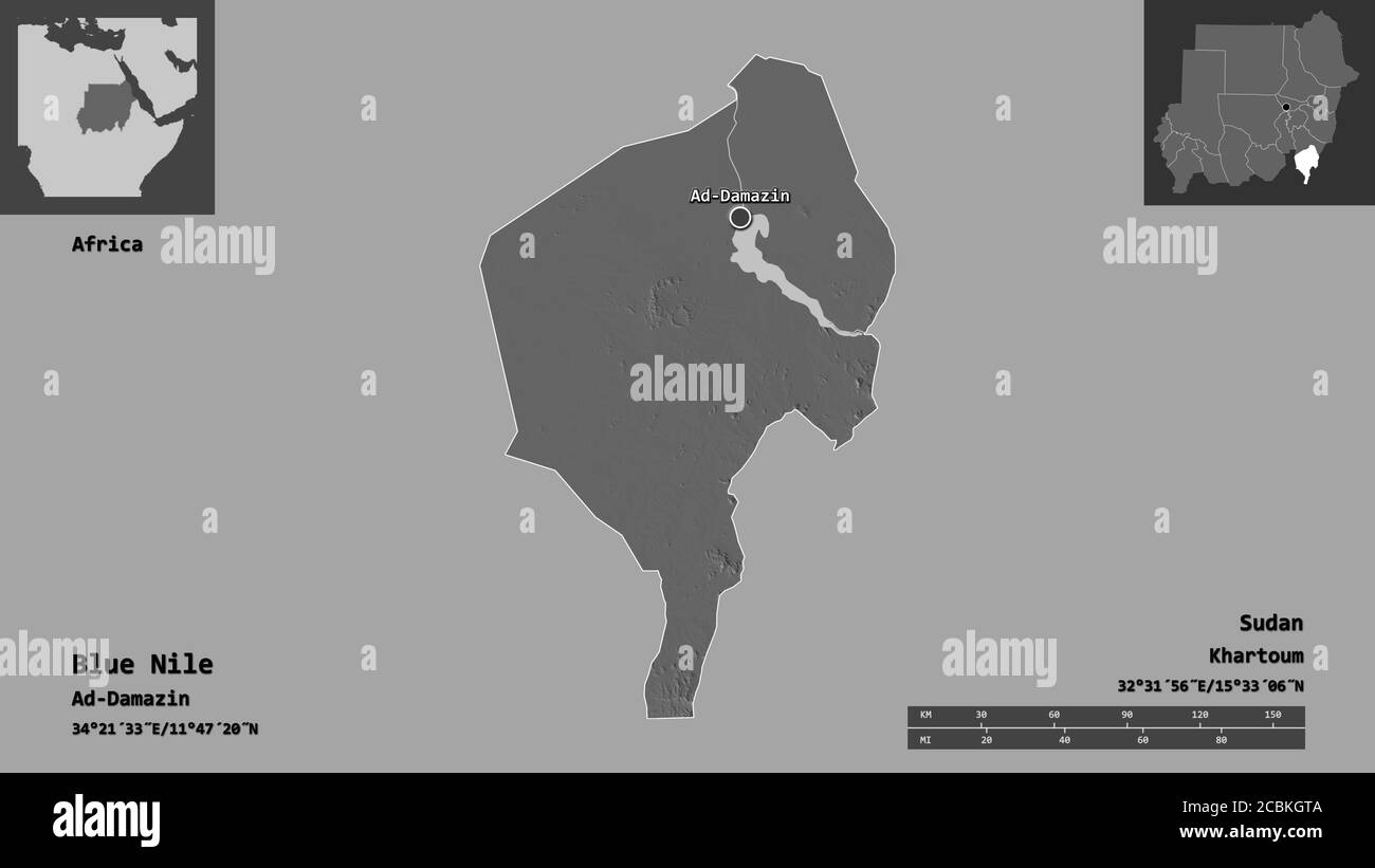 Shape of Blue Nile, state of Sudan, and its capital. Distance scale ...