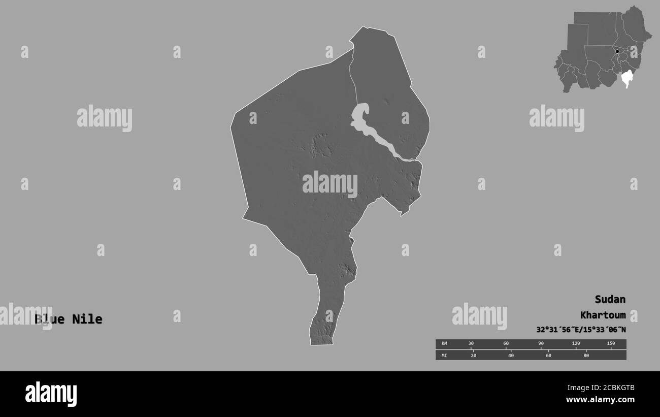 Shape of Blue Nile, state of Sudan, with its capital isolated on solid ...