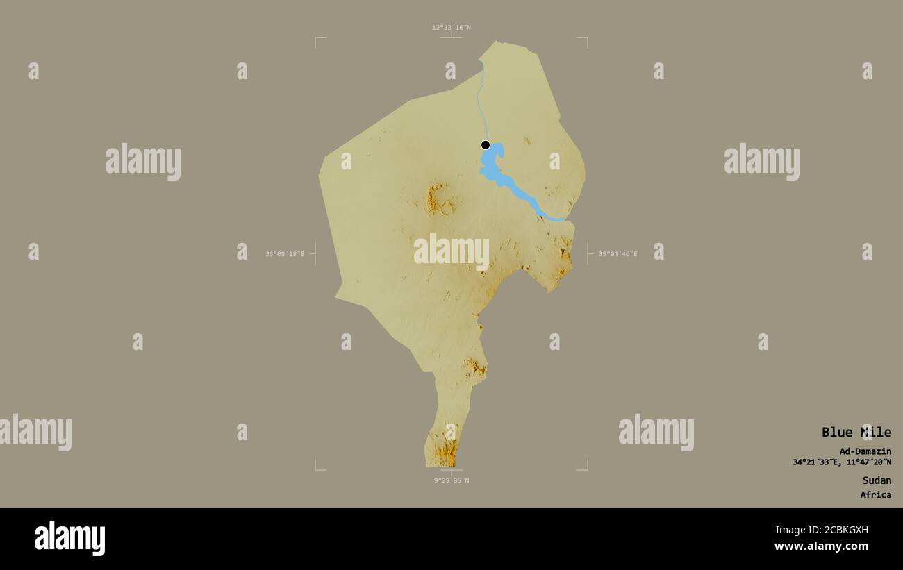 Area of Blue Nile, state of Sudan, isolated on a solid background in a ...