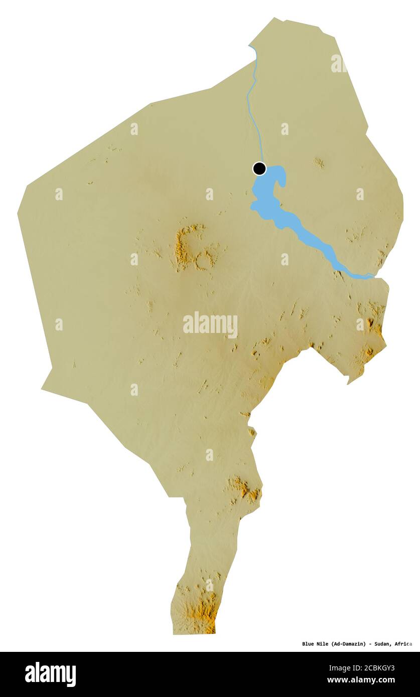 Shape of Blue Nile, state of Sudan, with its capital isolated on white ...